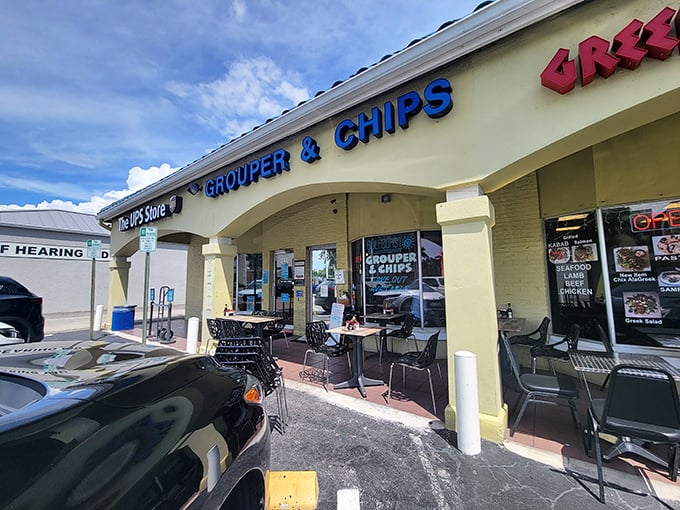 The blue-tiled roof of Grouper & Chips stands out like a seafood beacon in this unassuming strip mall. Florida's hidden treasures rarely advertise themselves so boldly.