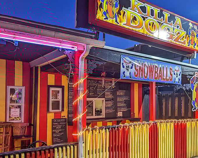The vibrant red and yellow exterior of Killa Dogz isn't subtle—it's a flavor forecast, boldly announcing that ordinary hot dogs have left the building.