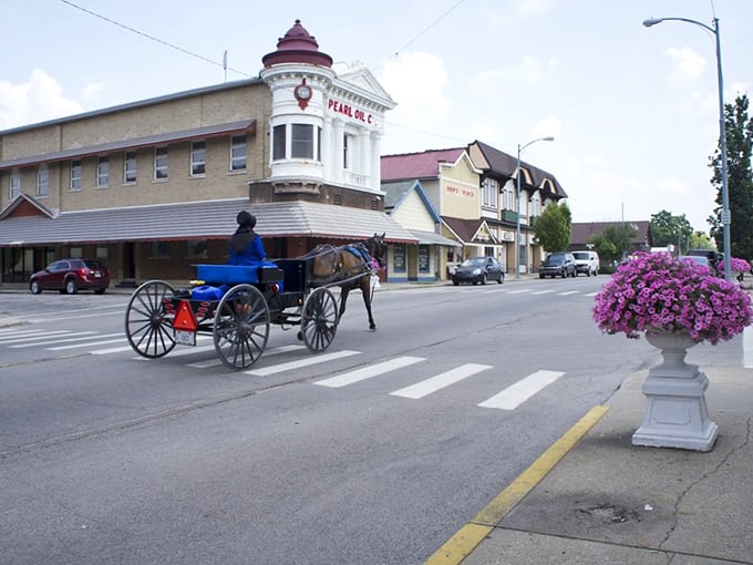 Where horse-drawn buggies and historic storefronts collide – Berne's main street offers a glimpse into a simpler time while vibrant flower displays add splashes of color.