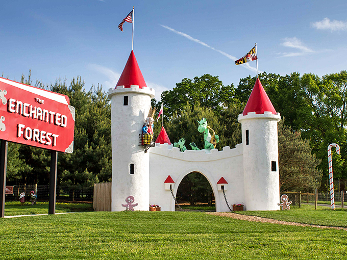 The castle entrance to the Enchanted Forest beckons with its whimsical turrets and American flag – fairytales with a patriotic twist!