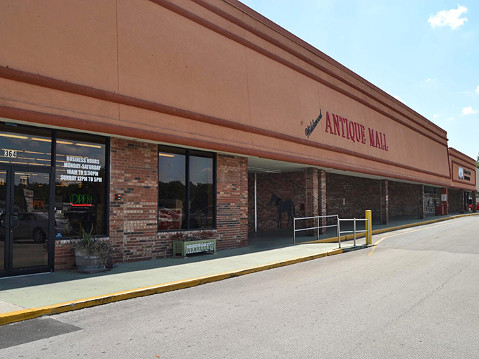 The unassuming exterior of Wildwood Antique Mall – like finding a treasure chest disguised as a shoebox. Adventure awaits behind those brick walls!