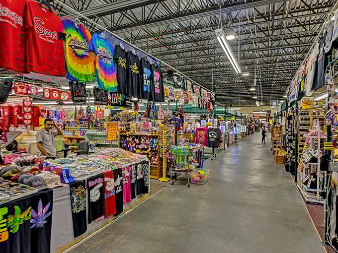The patriotic blue exterior of Visitors Flea Market stands out like Uncle Sam at a beach party, promising international treasures inside its star-spangled walls.