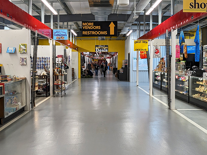 Wide, spotless corridors lead to adventure at Caesar Creek Flea Market, where yellow directional signs promise "MORE VENDORS" – the two most beautiful words in the English language.