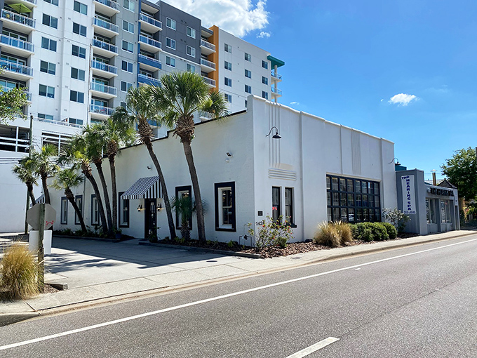 The Art Deco façade of SPARCC Treasure Chest stands like a white beacon of bargain possibilities, palm trees swaying in approval of your impending shopping adventure.