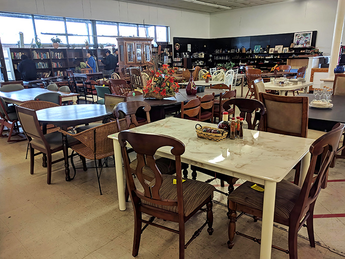 The blue and green sign beckons like a lighthouse to bargain hunters. This isn't just shopping—it's treasure hunting with a purpose.