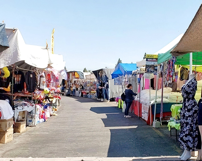 The human river of bargain hunters flows between colorful stalls at Paramount Swap Meet, where shopping transforms from errand to adventure.