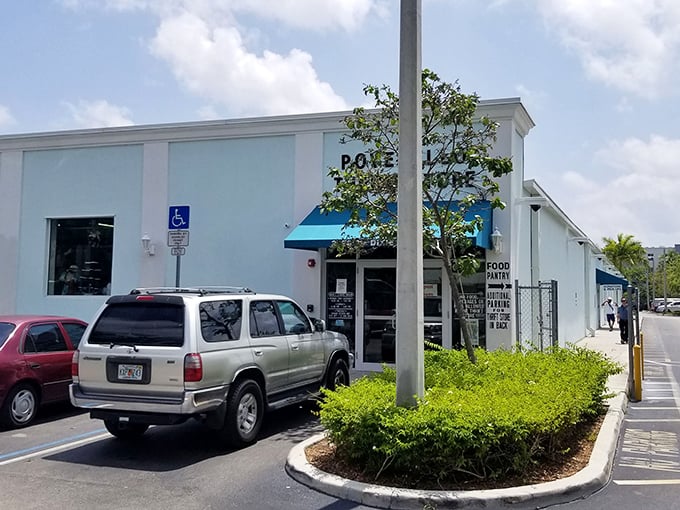 The unassuming blue exterior hides a treasure trove within. Like finding a secret passage in your favorite childhood book, this thrift store adventure begins here.