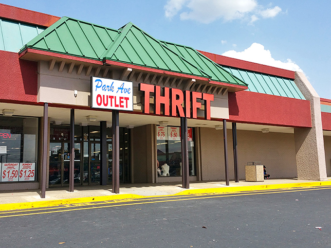 The signature green roof and bold red "THRIFT" letters signal you've arrived at bargain heaven—no password required!