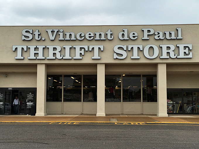 The storefront beckons like a siren song to bargain hunters. Under that blue Missouri sky, treasures await behind those unassuming doors.