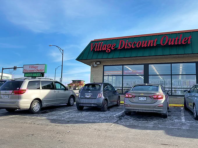 The unassuming exterior of Village Discount Outlet belies the treasure trove within. Like a bargain hunter's Narnia, this green-roofed wonderland awaits.