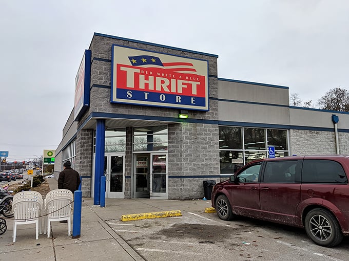 The unassuming exterior of Red White & Blue Thrift Store—where budget-friendly treasures await behind a facade that keeps Pittsburgh's best bargain secret hiding in plain sight.
