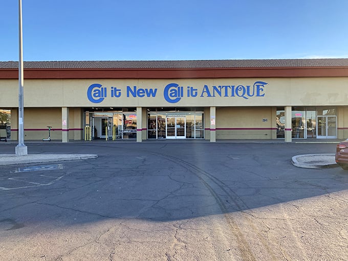 The unassuming storefront of Call it New / Call it Antique in Mesa belies the wonderland of treasures waiting inside. Like a TARDIS of trinkets, it's bigger on the inside than physics should allow. Photo credit: <a href="https://www.google.com/maps/contrib/108894520322275431416" target="_blank" rel="noopener noreferrer">Matthew Morgan</a>