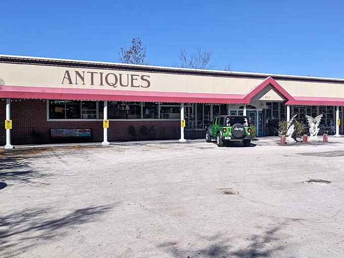 Guarded by stone sentinels, Village Antique Mall's unassuming exterior gives little hint of the time-traveling adventure waiting inside. Welcome to treasure hunter paradise!