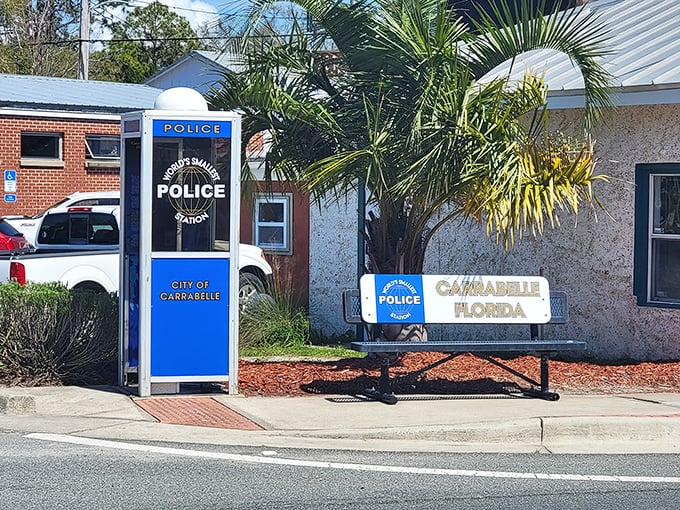 Behold the mighty fortress of justice - a phone booth that decided law enforcement was its calling.