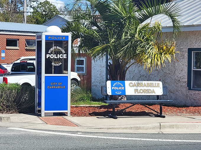 Behold the mighty fortress of justice - a phone booth that decided law enforcement was its calling.