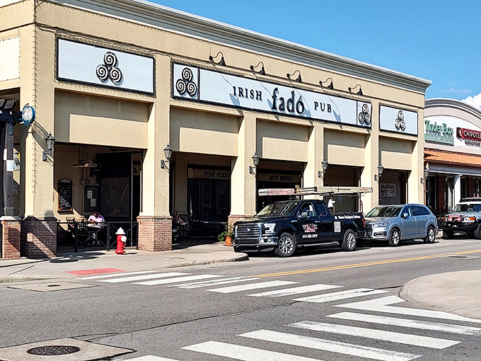 The welcoming façade of Fadó Irish Pub stands proudly in Columbus, promising authentic Irish comfort under bright Ohio skies.