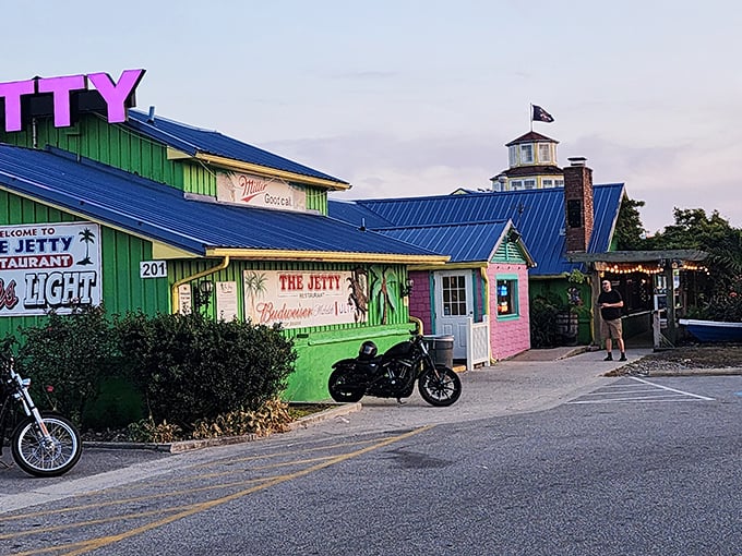 Candy-colored stools against seafoam green walls – The Jetty's exterior is like a Jimmy Buffett song come to life on Maryland's Eastern Shore.