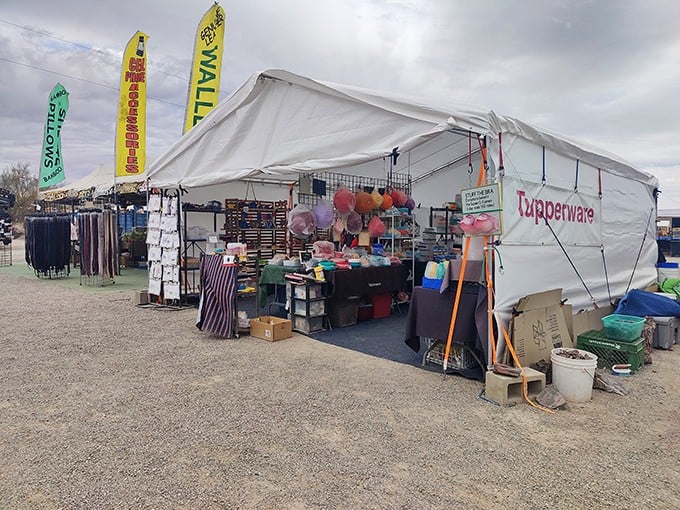 White tents stretching toward the horizon, colorful flags snapping in the desert breeze—Tyson Wells isn't just a market, it's a pop-up retail city.