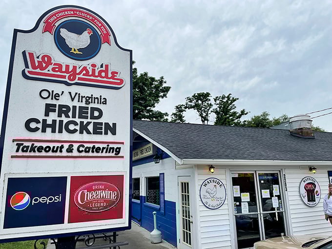 The sign says it all: "Ole' Virginia FRIED CHICKEN." Some places don't need fancy fonts or trendy design—just the promise of something delicious inside.