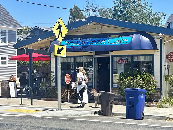 The blue awning beckons like a coastal lighthouse for hungry souls. This unassuming exterior houses breakfast magic that locals have treasured for decades.