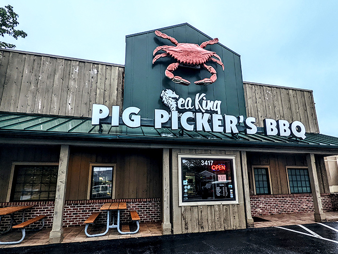 The unmistakable giant crab perched atop Sea King beckons seafood lovers like a crustacean lighthouse guiding hungry sailors to shore.
