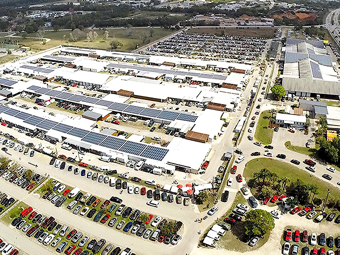 From above, Fleamasters resembles a small city dedicated to bargain hunting—complete with its own solar panels and parking lots that stretch to the horizon.