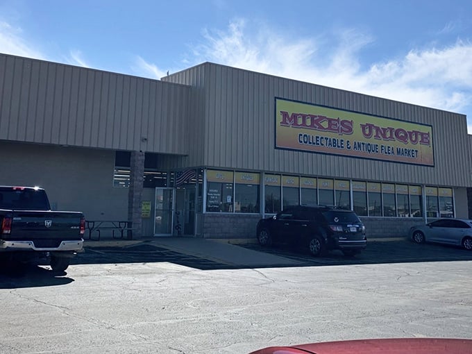 The unassuming exterior of Mike's Unique belies the wonderland of treasures within. Like a time-travel portal disguised as a warehouse in Springfield.
