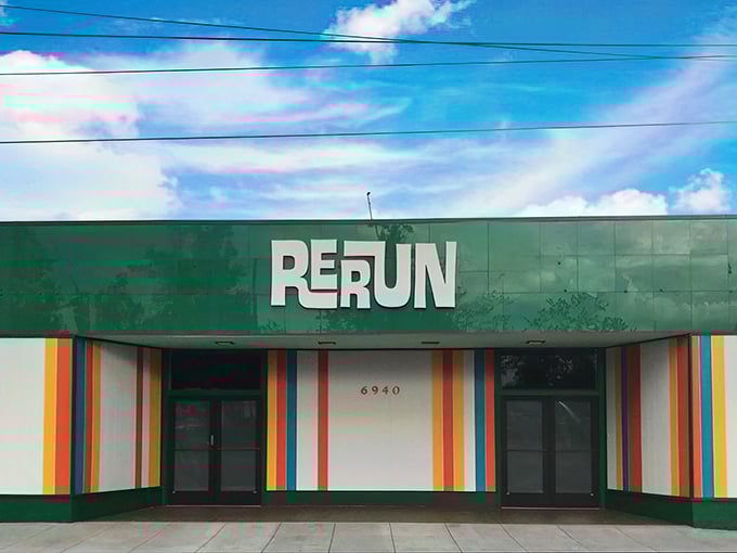 RERUN's rainbow-striped façade isn't just a storefront—it's a promise of the colorful treasures waiting inside this Portland thrifting paradise.