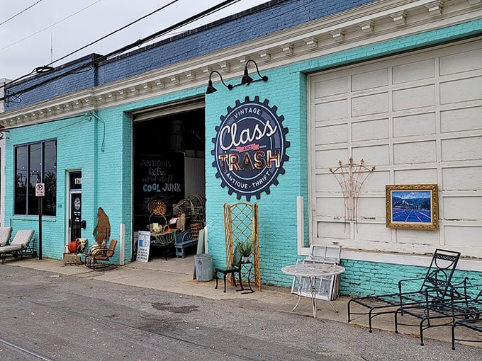 The turquoise beacon of bargain hunting beckons from Scott's Addition. This isn't just thrift shopping—it's treasure hunting with architectural flair.