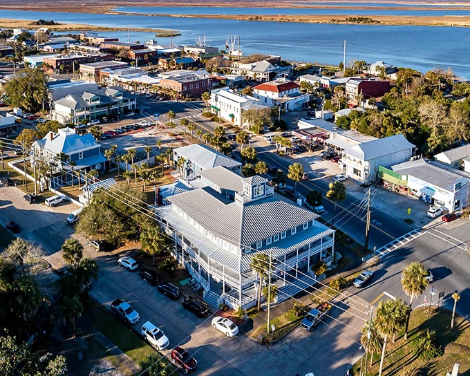 An aerial view of Apalachicola reveals its coastal charm—colorful buildings, wraparound porches, and a laid-back waterfront vibe most travelers haven’t discovered yet, creating that perfect "Old Florida" postcard moment.