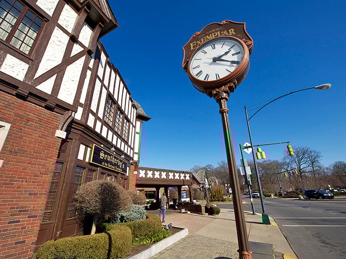 The National Exemplar clock stands sentinel over Mariemont's Tudor-inspired streetscape, where time seems to move at a more civilized pace.