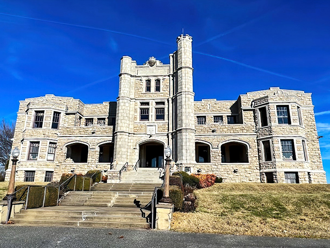 Who needs Europe? This magnificent stone fortress in Springfield looks like it teleported straight from medieval times, complete with a classic car welcoming visitors.