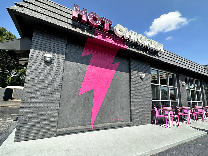 That hot pink lightning bolt isn't just eye-catching—it's a warning shot to ordinary chicken joints everywhere. Prepare for flavor that electrifies!