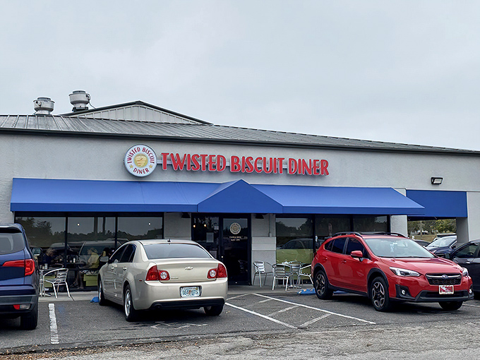 The unassuming exterior of Twisted Biscuit Diner in Tavares hides a carb-lover's paradise within. Blue awnings and a simple sign—the Clark Kent disguise of superhero breakfast spots.
