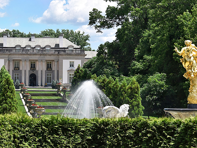 The grand façade of Nemours Estate makes Versailles look like it was working with a modest budget. Pure limestone magnificence.