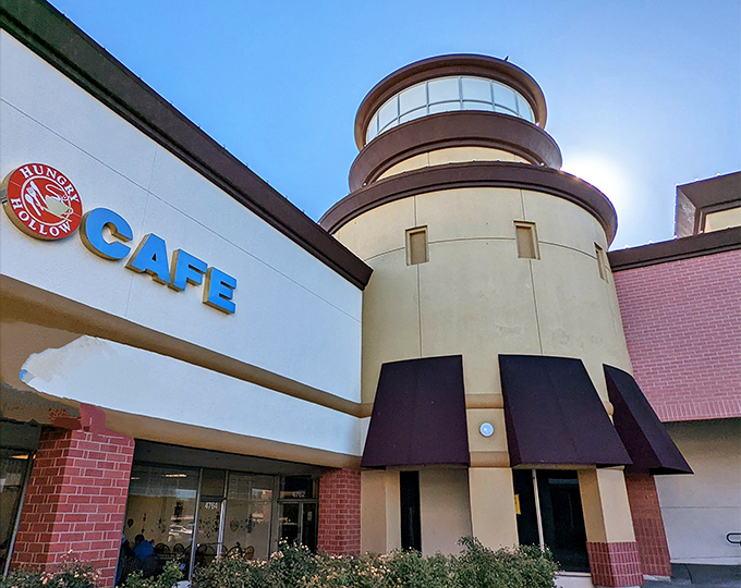 The lighthouse-inspired tower makes Hungry Hollow Cafe impossible to miss, like a beacon calling hungry travelers to breakfast paradise in Carmichael.