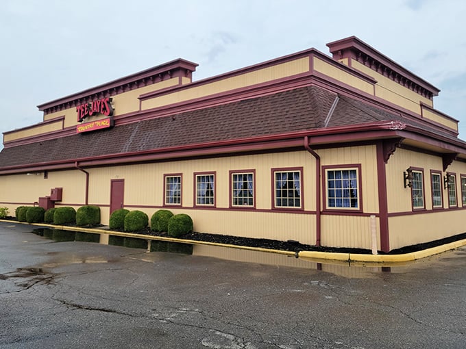The unmistakable yellow and burgundy exterior of Tee Jaye's stands like a beacon of breakfast hope on the Newark horizon. Comfort food paradise awaits inside.
