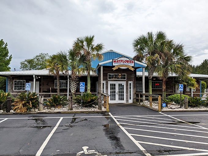 Palms standing guard at this maritime haven, the Mayflower's blue-trimmed facade promises seafood treasures within, no passport required.