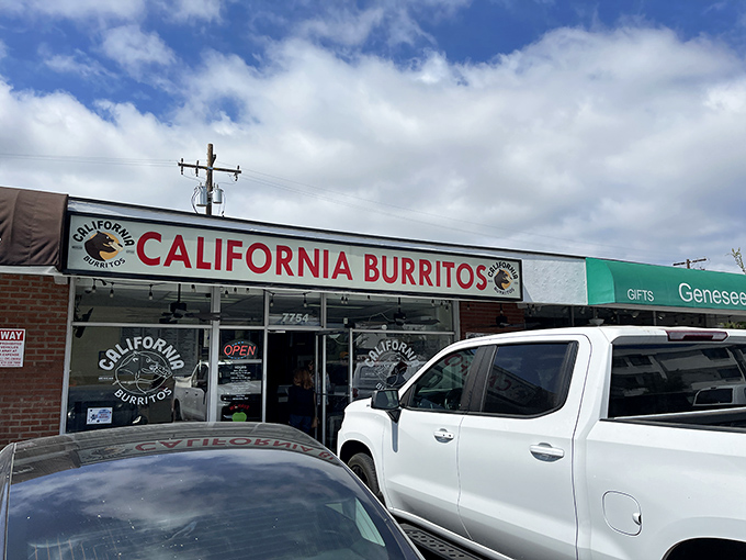 The unassuming storefront where breakfast dreams come true. California Burritos' bold red sign promises exactly what you'll get—no frills, just flavor.