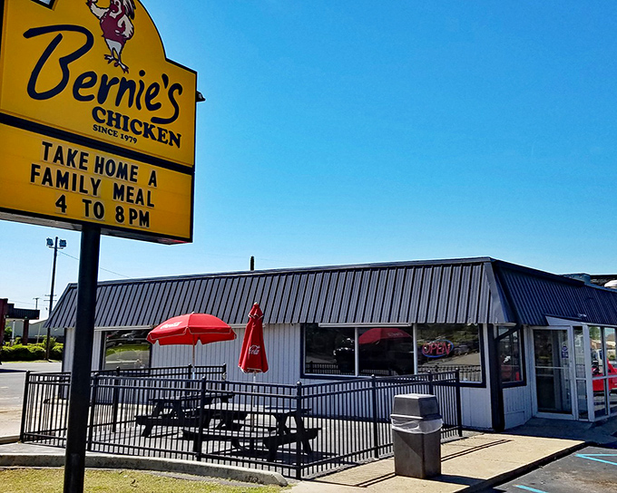 Bernie's modest exterior with its blue metal roof and glowing "OPEN" sign isn't trying to win architectural awards—it's saving all that energy for what's on your plate.