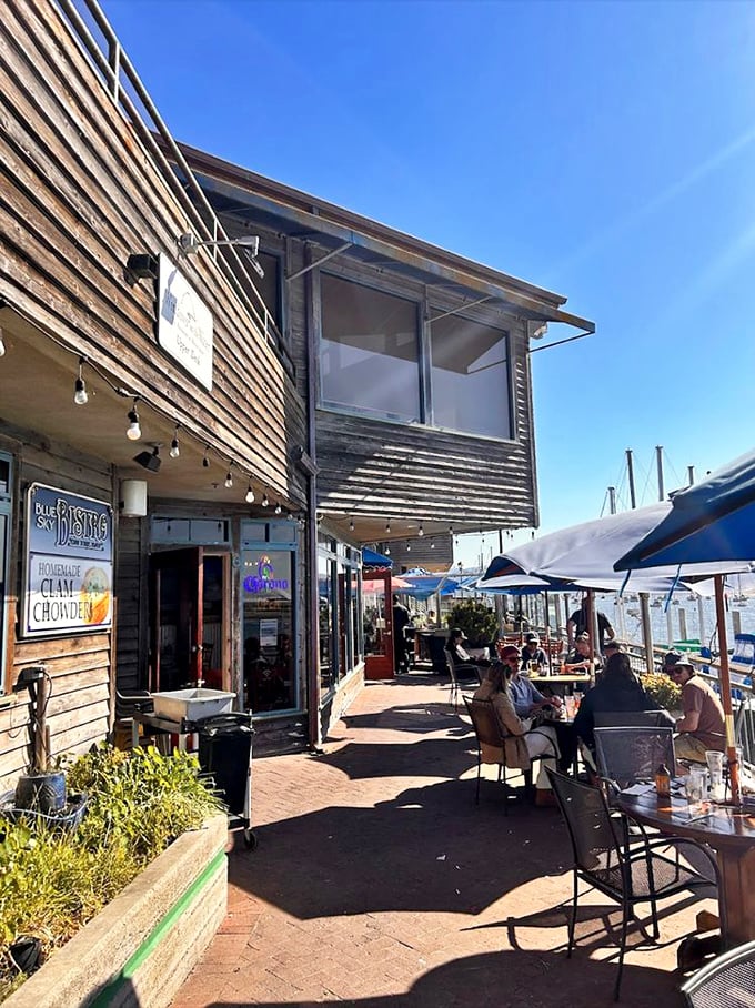 Blue Sky Bistro's waterfront patio isn't just dining—it's front-row seating to nature's greatest show, with Morro Bay's boats and that iconic rock playing supporting roles.