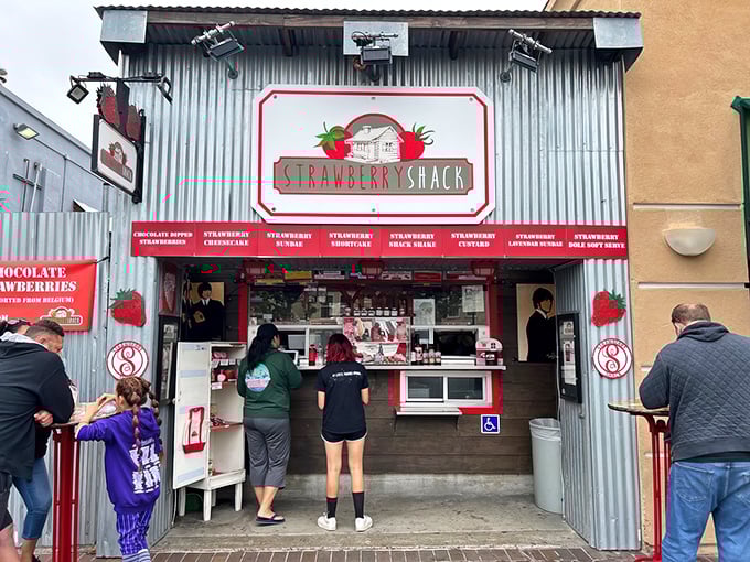 The Strawberry Shack's corrugated metal exterior proves that paradise doesn't need marble columns – just fresh berries and happy customers.