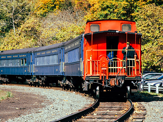 The iconic red caboose and blue coaches of the Lehigh Gorge Scenic Railway wind through autumn's paintbox—nature's own masterpiece on full display.