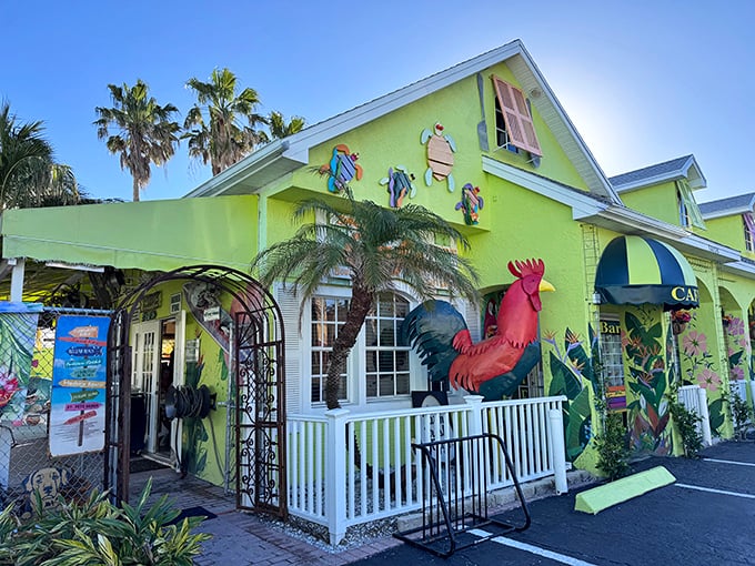 The lime-green facade of Sweet Sage Cafe isn't just a building—it's a mood announcement that screams "vacation mode activated!"