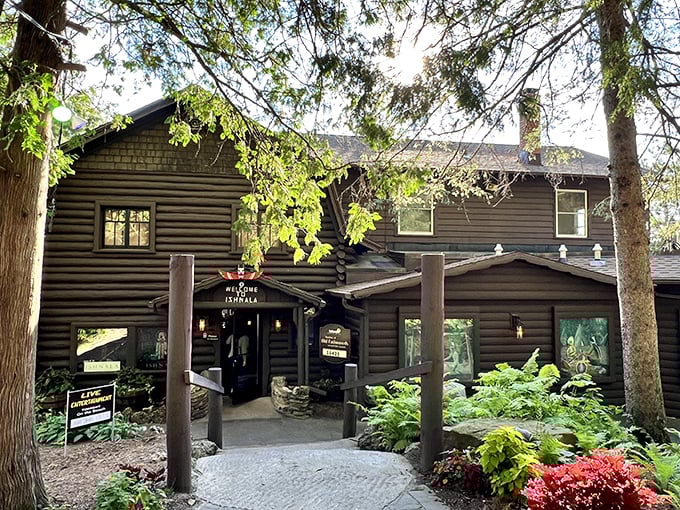 The journey through pine-scented woods ends at this rustic log cabin treasure, where Wisconsin supper club traditions await behind those welcoming wooden doors.