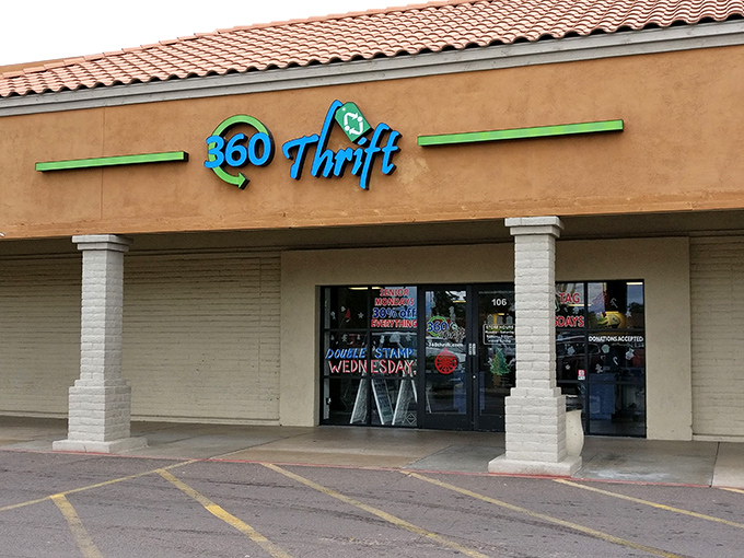 The unassuming exterior of 360 Thrift in Mesa hides a treasure trove within, like finding a secret passage in your favorite childhood book.