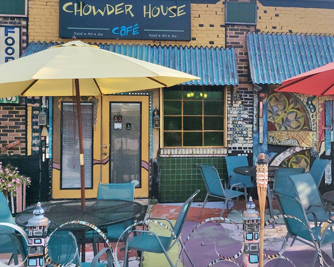 The cheerful yellow exterior with blue awning feels like a coastal shack magically transported to Ohio. Seaside charm in the Midwest!