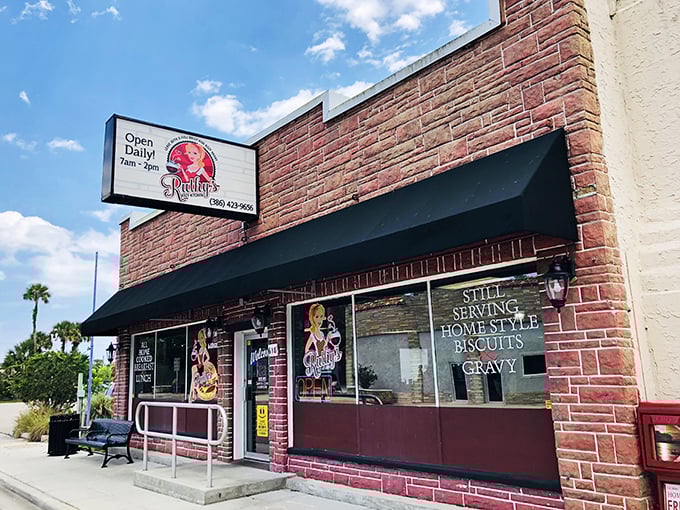 The brick exterior whispers "local secret" while the sign practically shouts "breakfast nirvana awaits inside!"