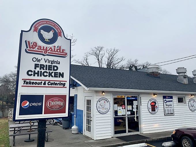 The sign says it all: "Ole' Virginia FRIED CHICKEN." Some places don't need fancy fonts or trendy design—just the promise of something delicious inside.