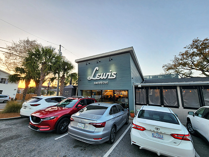 The blue facade of Lewis Barbecue glows at dusk like a beacon calling hungry souls to barbecue paradise. Texas meets Charleston in this architectural handshake.